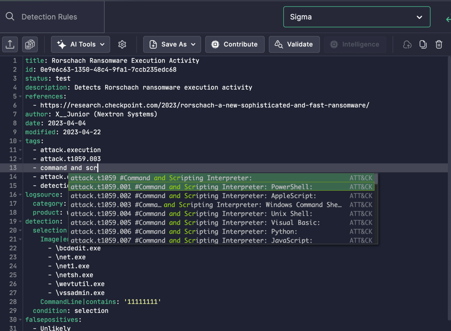 IDE pour l'ingénierie de la détection avec autocomplétion intelligente